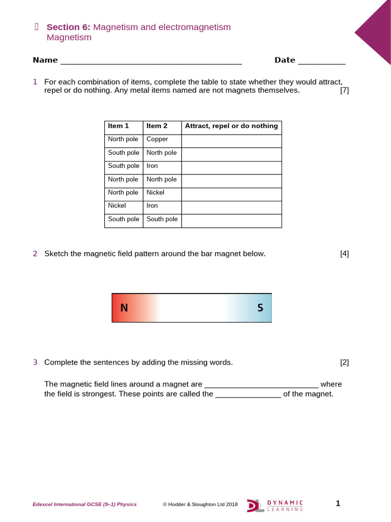 Worksheet - Magnetism | PDF | Magnetism | Magnet