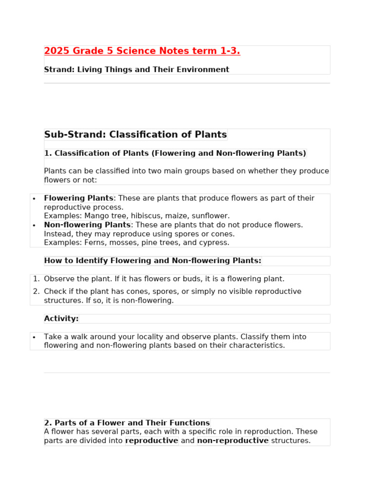 Grade 5 Science Notes: Plants & Breathing | PDF | Flowers | Water Pollution