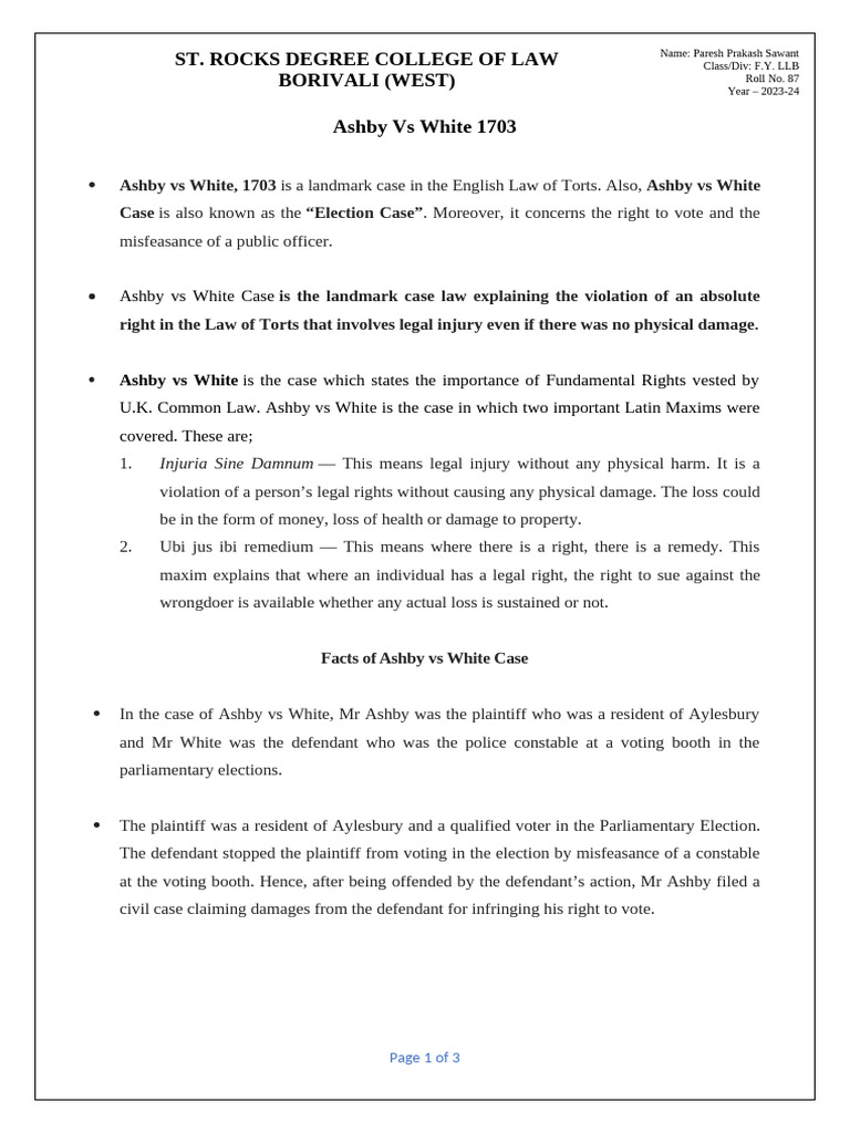Ashby v. White: Landmark Voting Rights Case | PDF | Damages | Legal Remedy