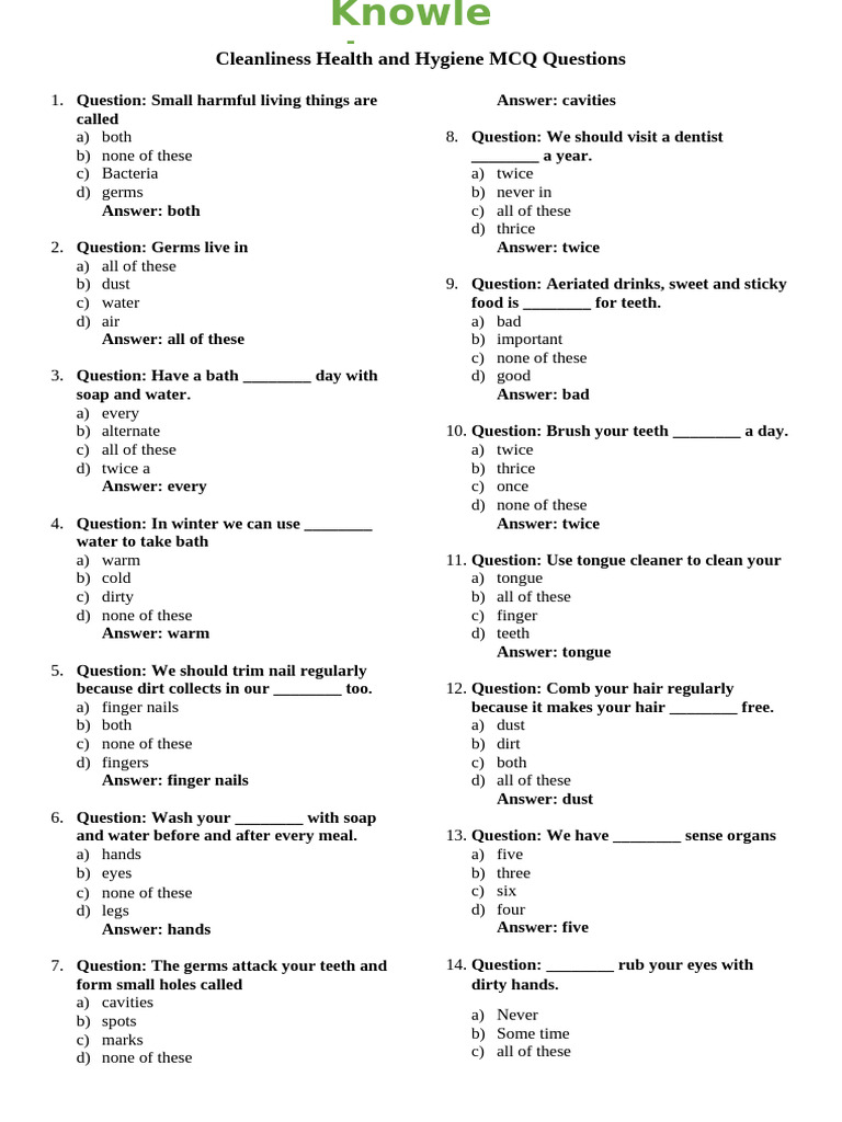 Health and Hygiene MCQ for Class 5 | PDF | Municipal Solid Waste | Hygiene