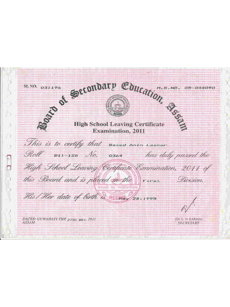 HSLC Certificate | PDF