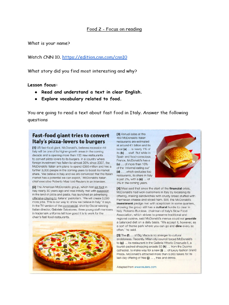 (Template) Food 2 - Focus On Reading | PDF | Mc Donald's | Adverb