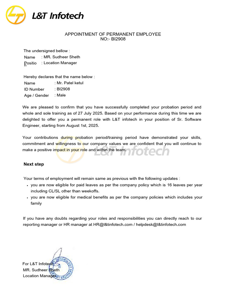 BI2908 Employee Permanent Letter .PDF | PDF