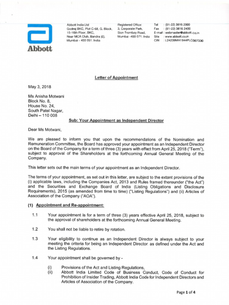 Appointment Letter Ms Anisha Motwani Independent Director | PDF