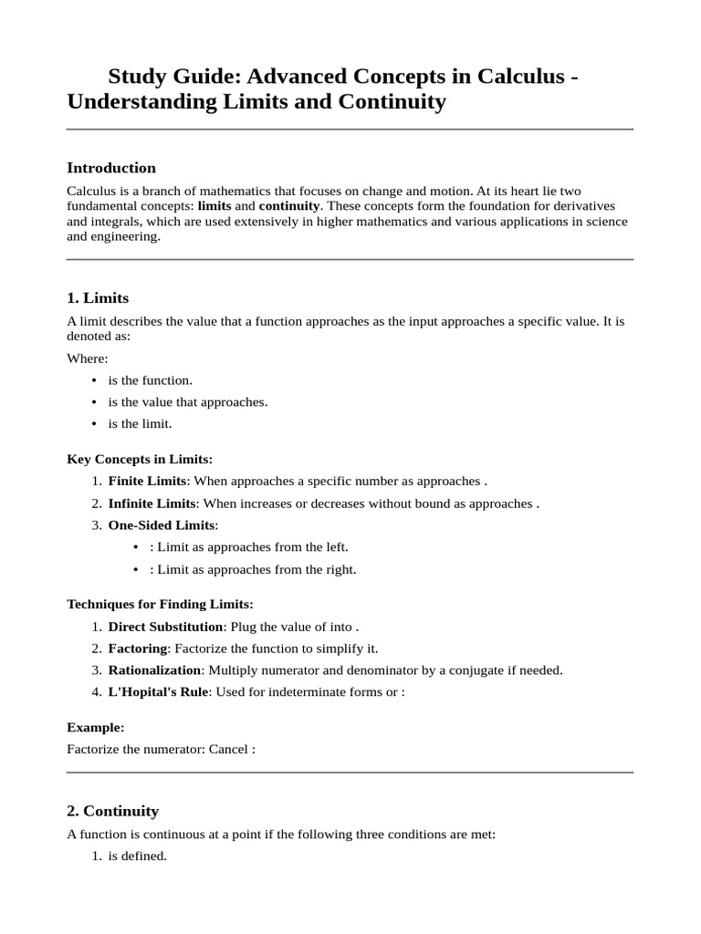 StudyGuide-Advance Calculus Concepts Understanding Limits and Continuity | PDF | Multiplication ...