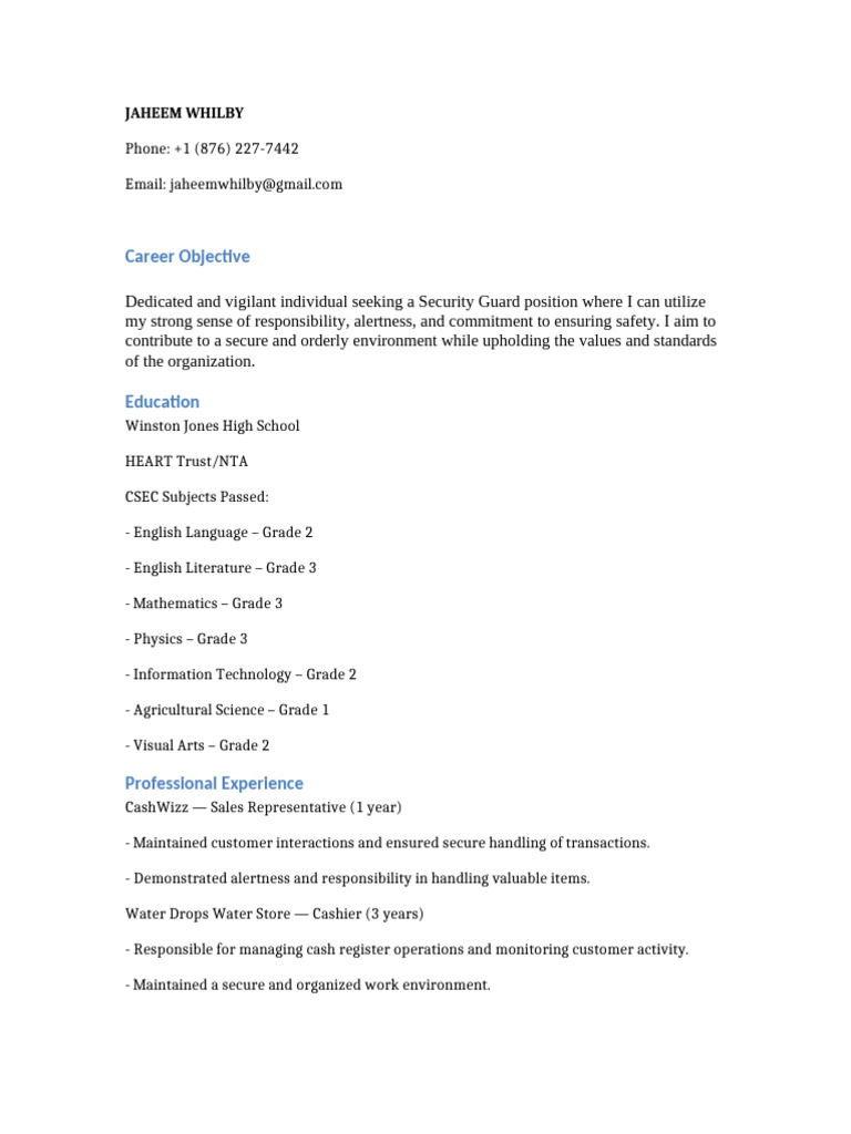 Jaheem Whilby Security Guard CV Updated | PDF