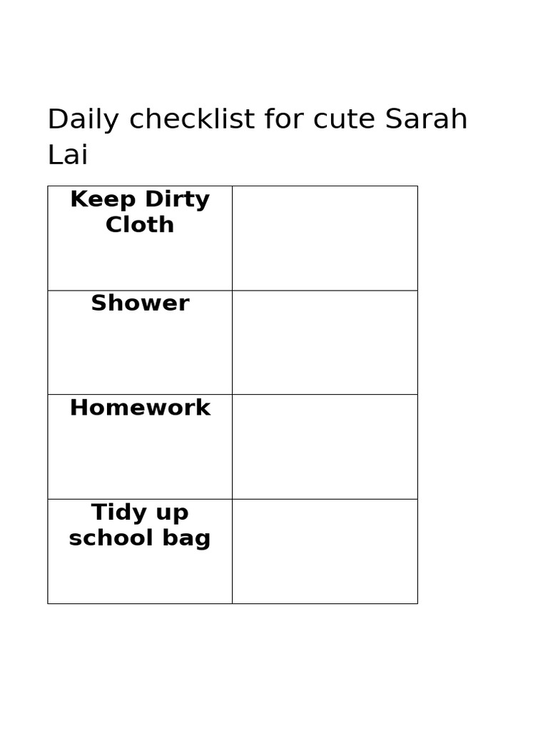Daily Checklist For Cute Sarah Lai | PDF