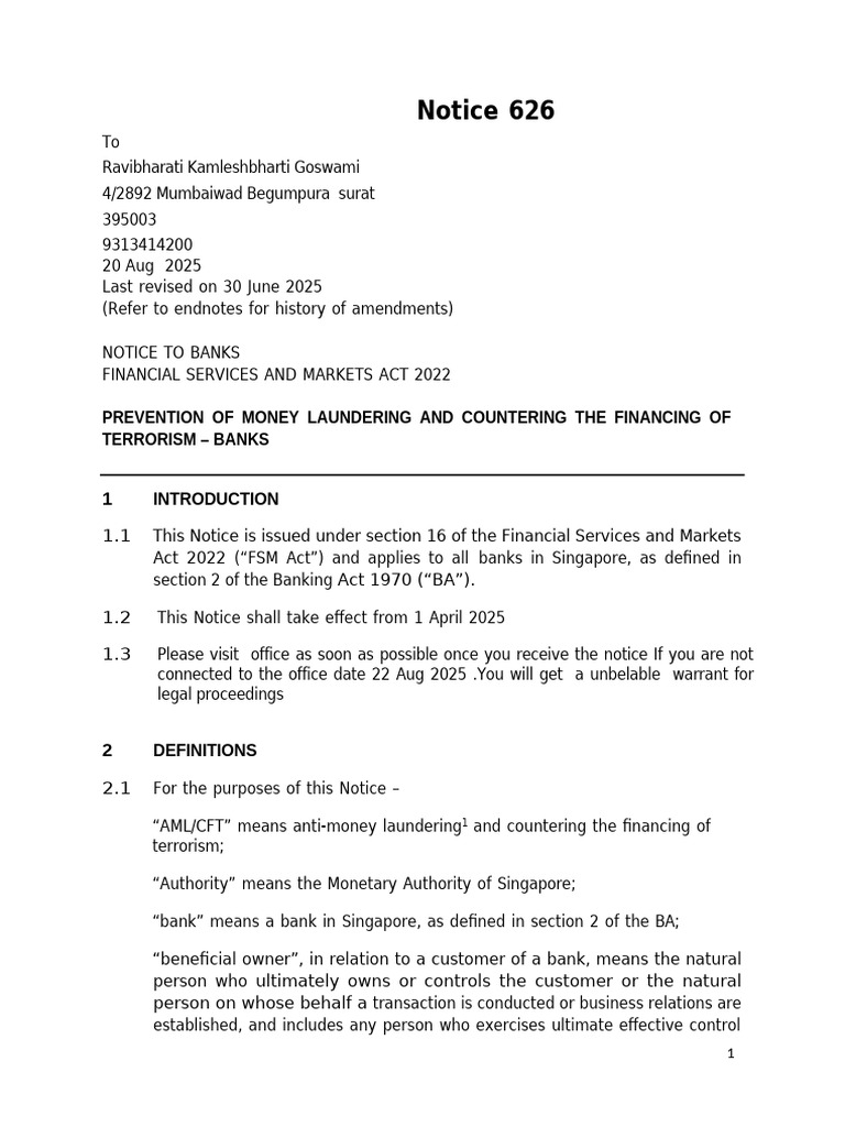 MAS Notice 626 | PDF | Identity Document | Banks
