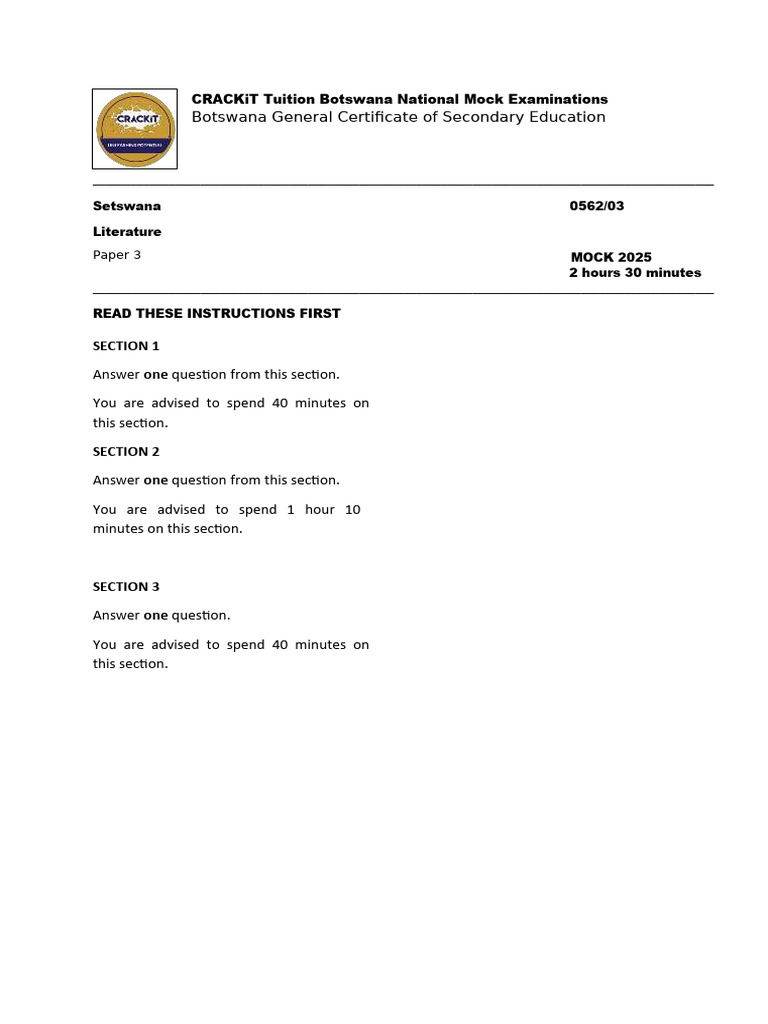 Bgcse Setswana Paper 3 Mock 2025 - 103420 | PDF | Languages Of Africa