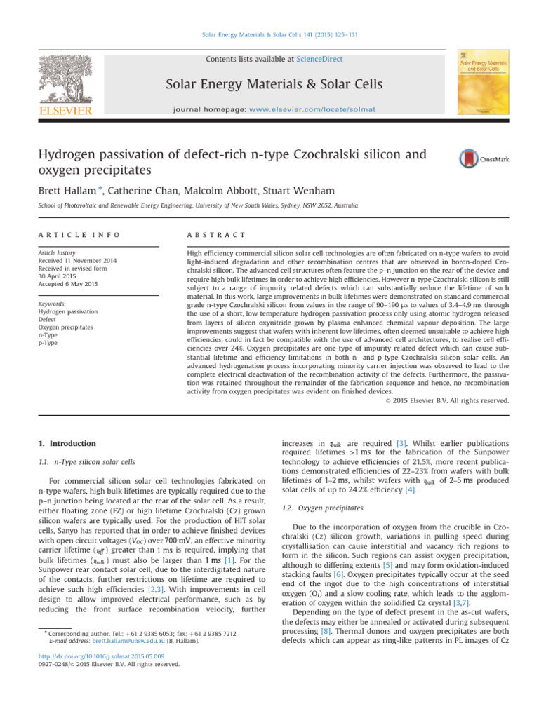 (2015) SOLMAT, Hydrogen Passivation of Defect-Rich N-Type CZ Silicon ...