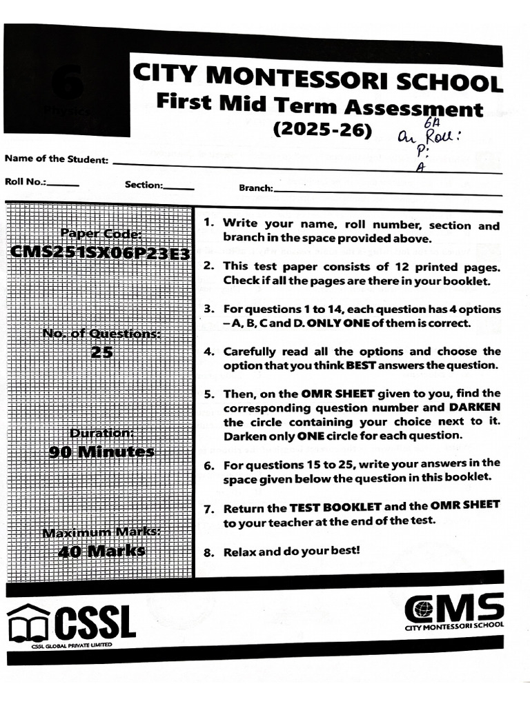 Class 6 Physics 2025-26 Paper | PDF