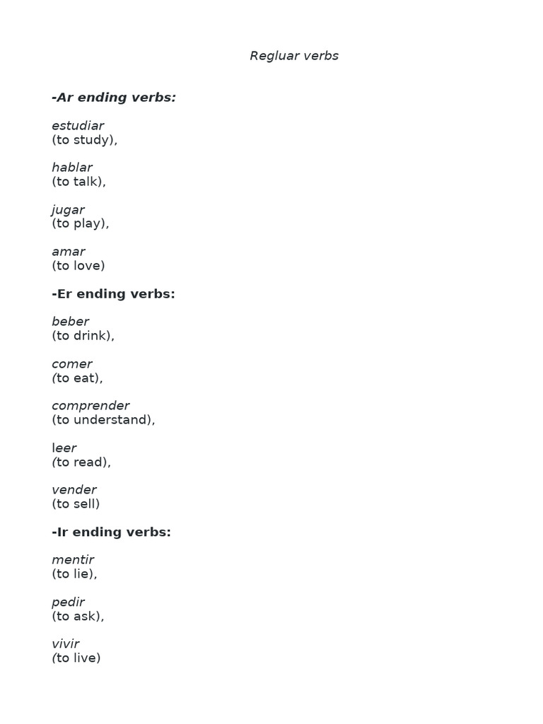 Regular Spanish Verbs: Ar, Er, Ir | PDF