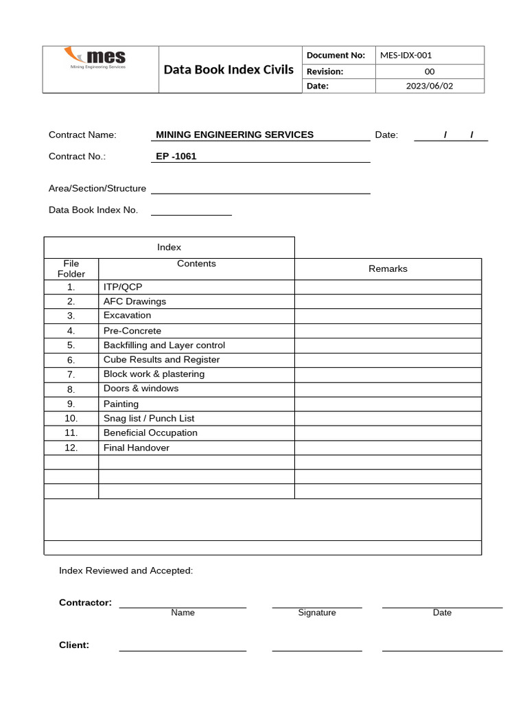 Data Book Index Civils - MES-IDX-001 | PDF