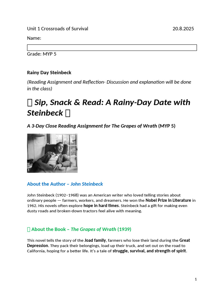 MYP 5 Unit 1 Rainy Day Steinbeck Three Day Reading Plan For The Grapes ...