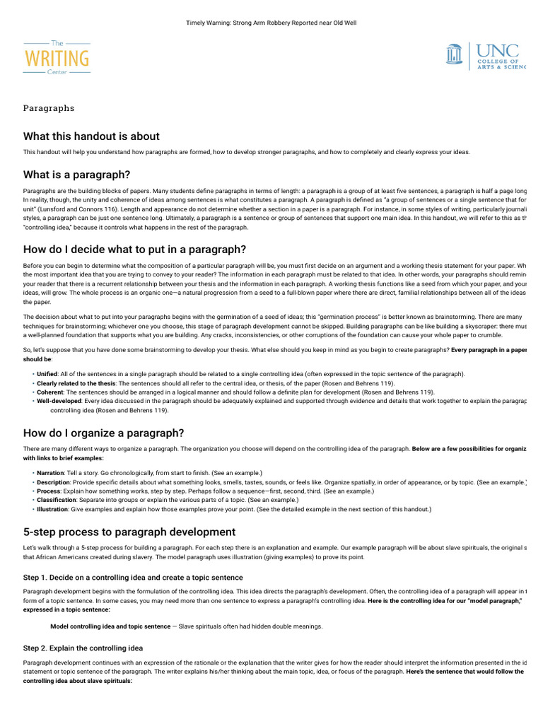 Paragraphs - The Writing Center | PDF | Paragraph | Sentence (Linguistics)