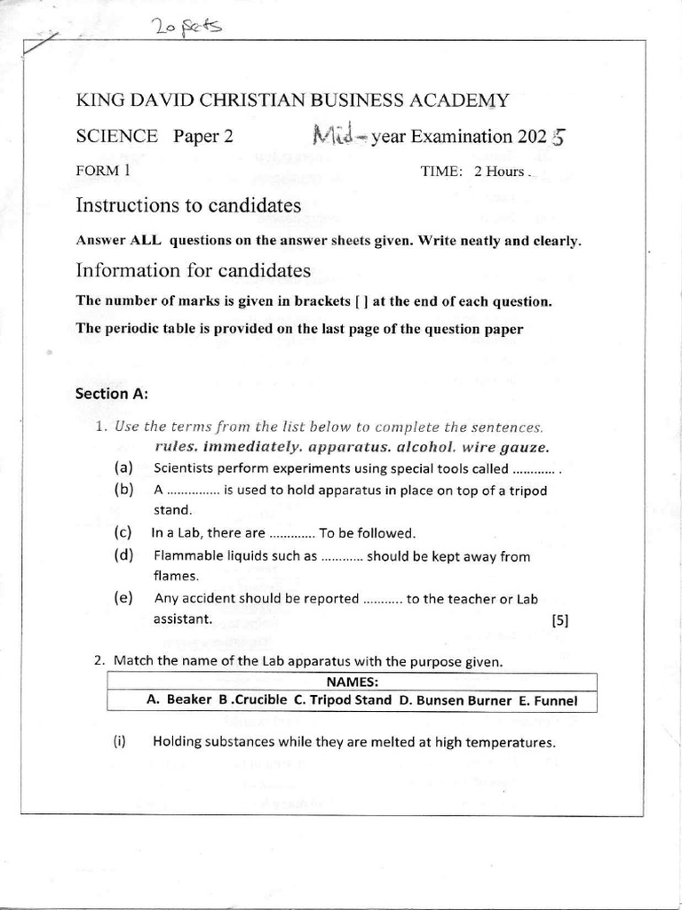 FORM 1 Science P1 20sets | PDF