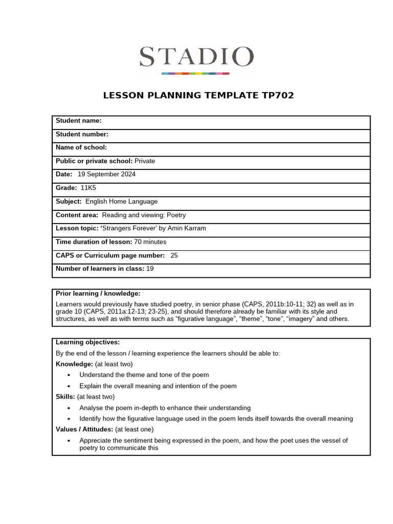 Lesson Plan - English gr11 - Poem 'Strangers Forever' | PDF | Learning ...