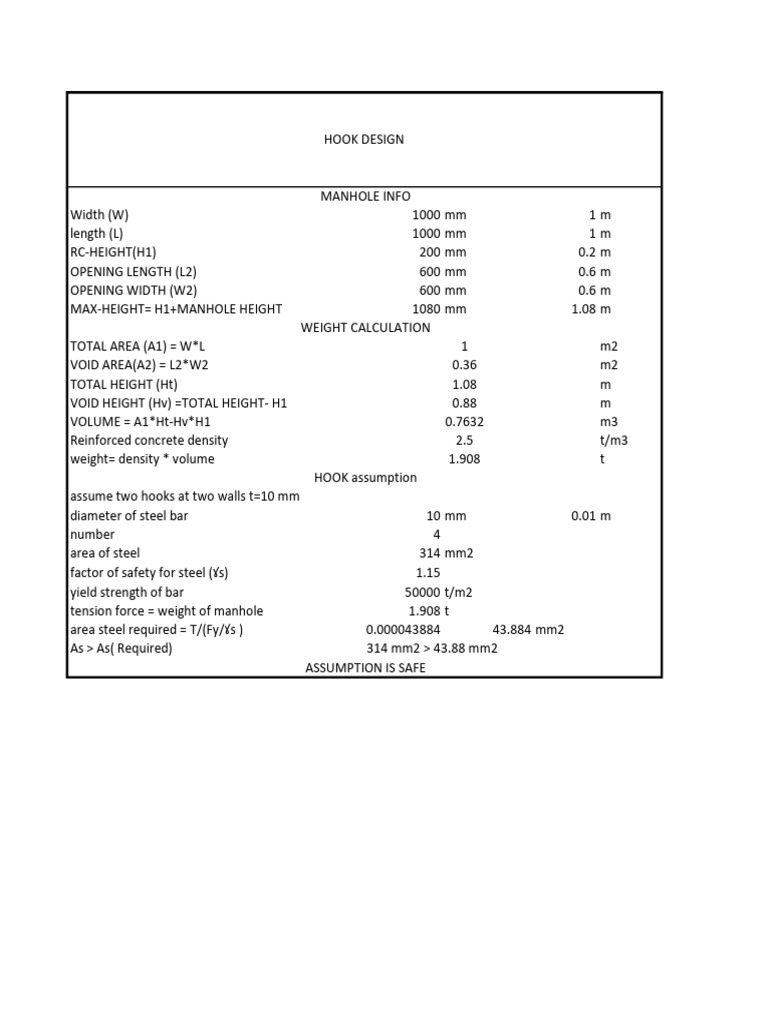 Hook Calculation for Manhole Design | PDF