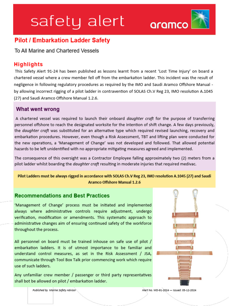 Marine Safety Alert - Publication 91-24 'Pilot - Embarkation Ladder ...