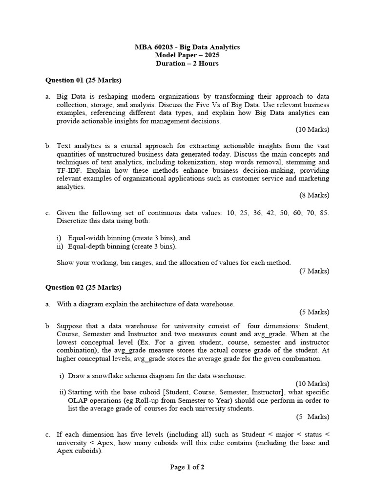 BIg Data Analytics Model Paper | PDF | Data Warehouse | Analytics