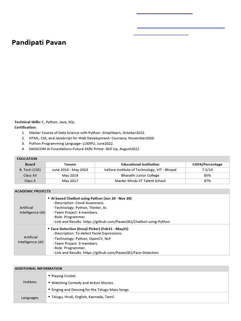 Pandipati Pavan Resume Da&Ds | PDF | Artificial Intelligence | Intelligence (AI) & Semantics