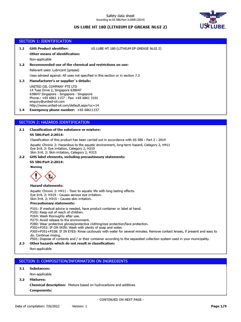 US LUBE HT 180 Safety Data Sheet | PDF | Dangerous Goods | Toxicity
