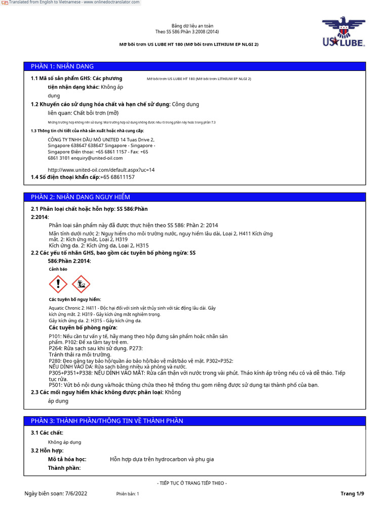 Safety Data Sheet of Us Lube HT 180 (Lithium Ep Grease Nlgi 2) .En - VI ...