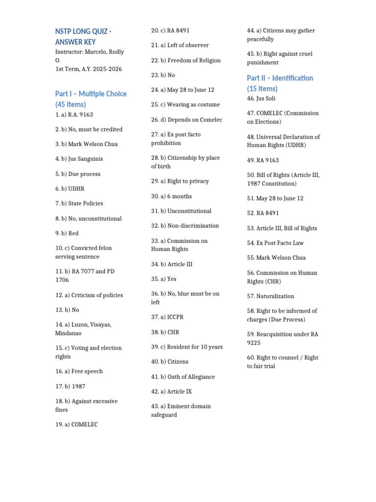 NSTP Quiz Answer Key 2025-2026 | PDF | Government | Government And ...