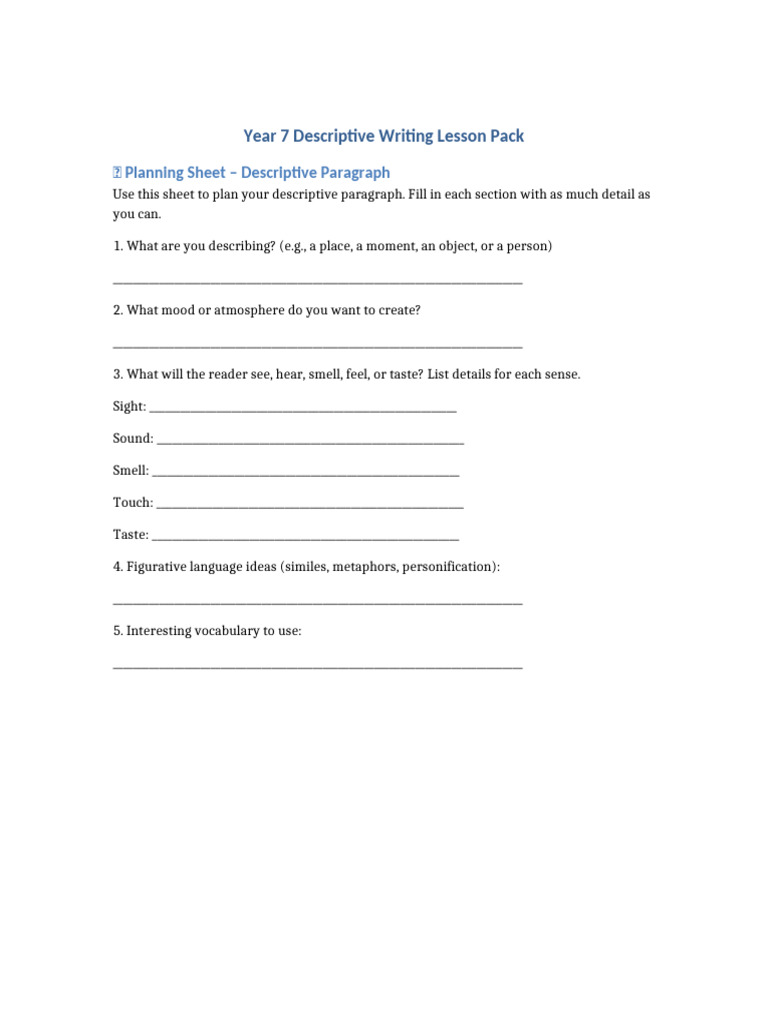Year 7 Descriptive Writing Guide | PDF