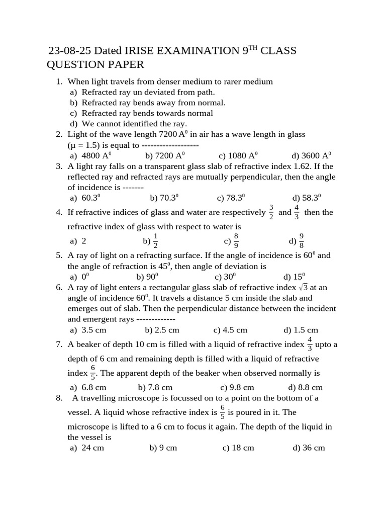 23-08-25 Dated 9th Class Question Paper | PDF | Refraction | Refractive ...