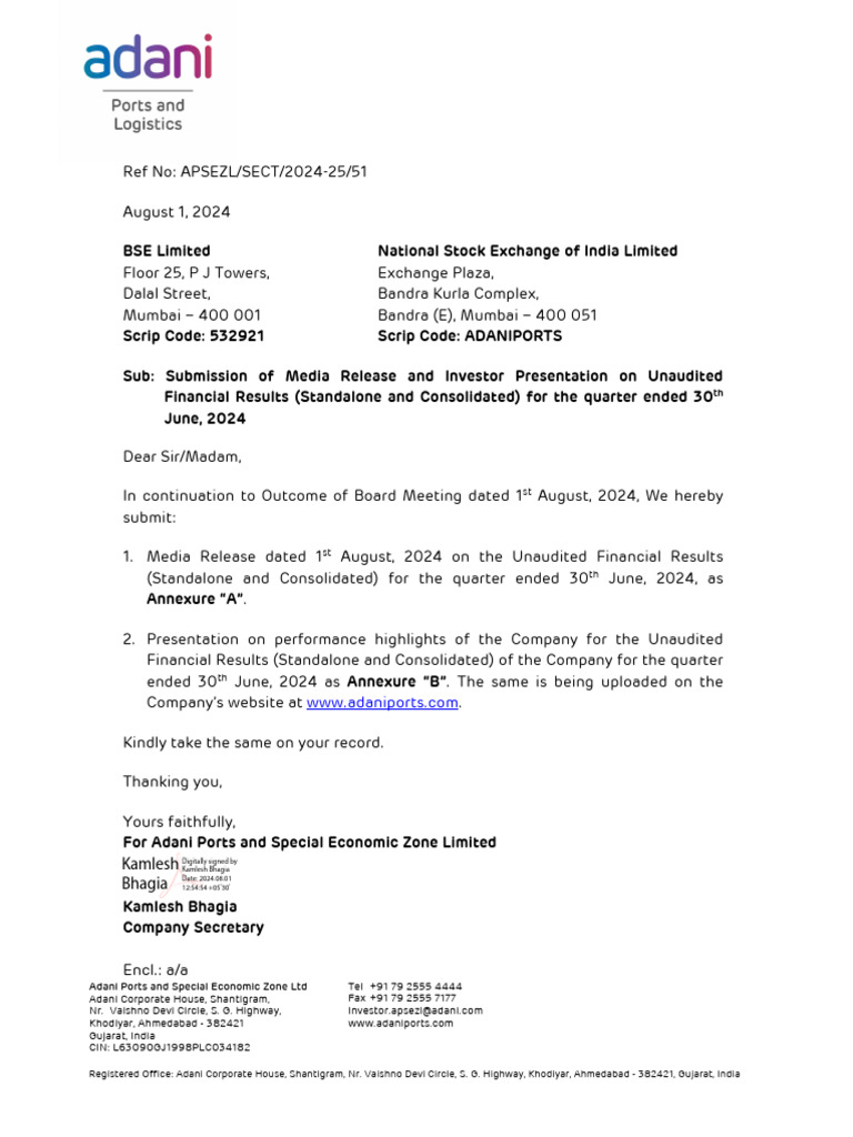 Adani Ports Q1 FY25 Financial Results | PDF | Economies