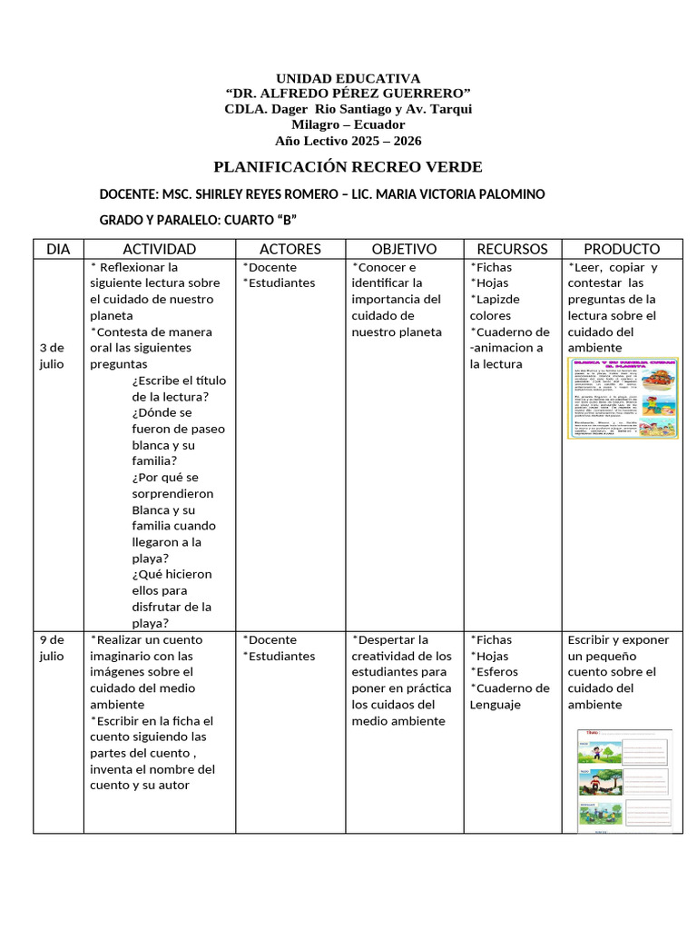 Planificación Recreo Verde 2025-2026 | PDF | Aprendizaje | Comunicación ...
