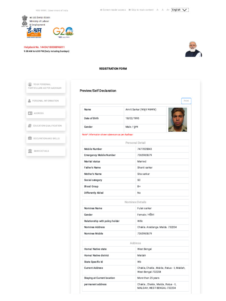 Register.eshram.gov.in # User Form Preview | PDF