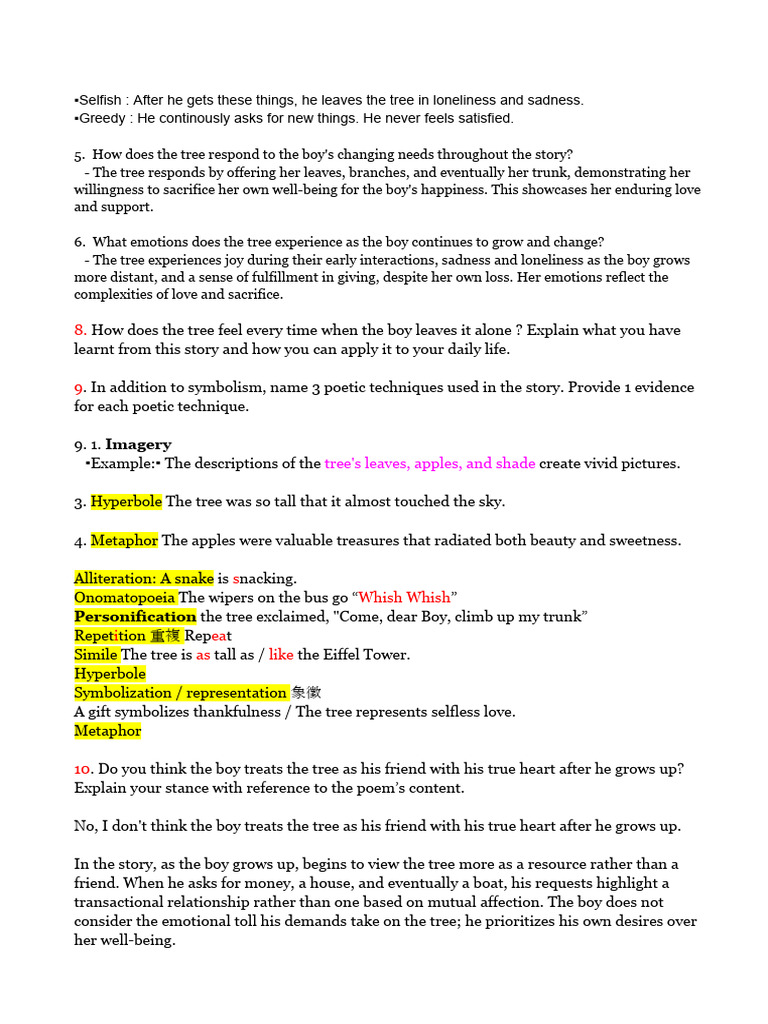 The Giving Tree Poem Analysis With Answer Practice 2 | PDF | Love ...
