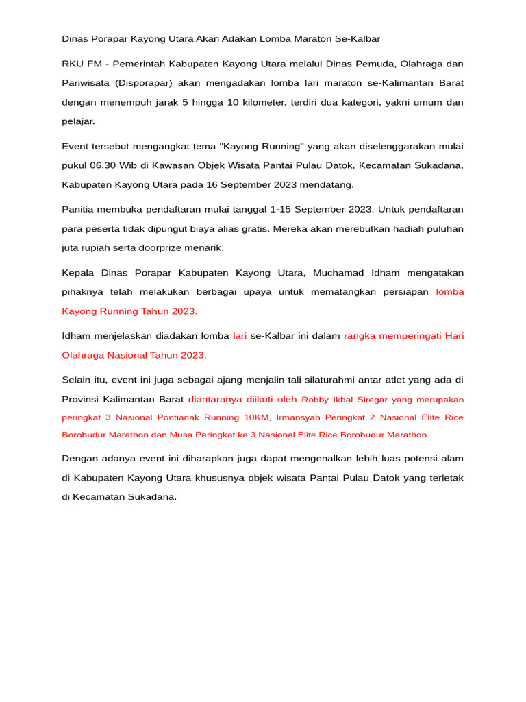 Lomba Maraton Kayong Utara 2023 Gratis | PDF