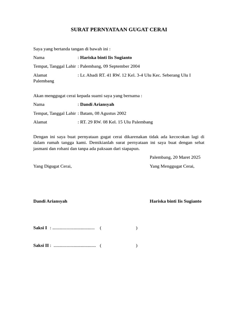 Surat Pernyataan Gugat Cerai | PDF