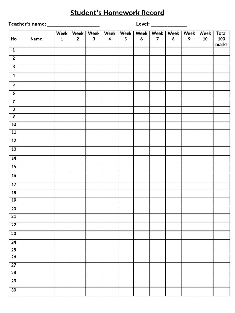 Student Homework Tracking Template | PDF