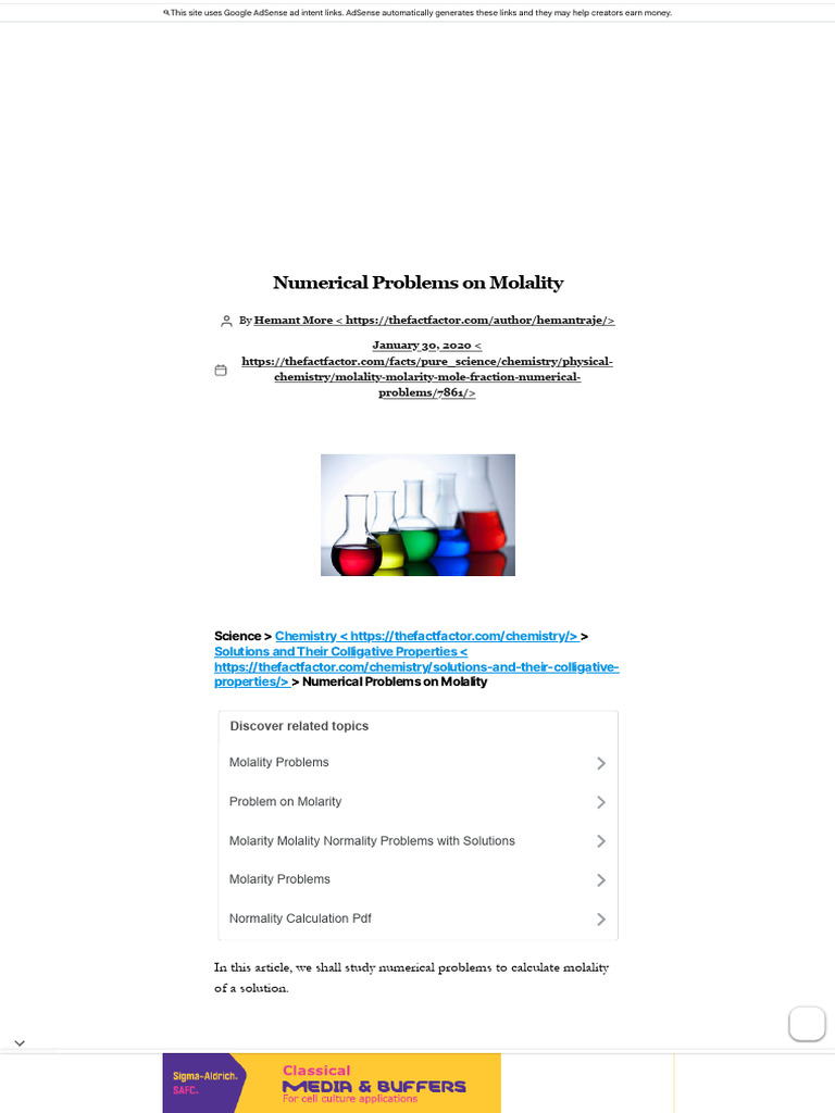 Molality and Molarity Problem Solutions | PDF | Mole (Unit) | Molar ...