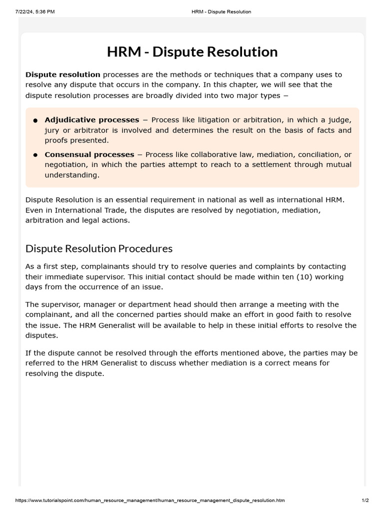 HRM Dispute Resolution Processes | PDF | Mediation | Dispute Resolution