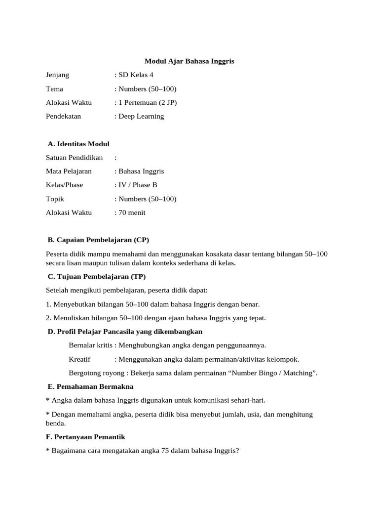 Modul Ajar Bahasa Inggris Kelas 4: Angka | PDF