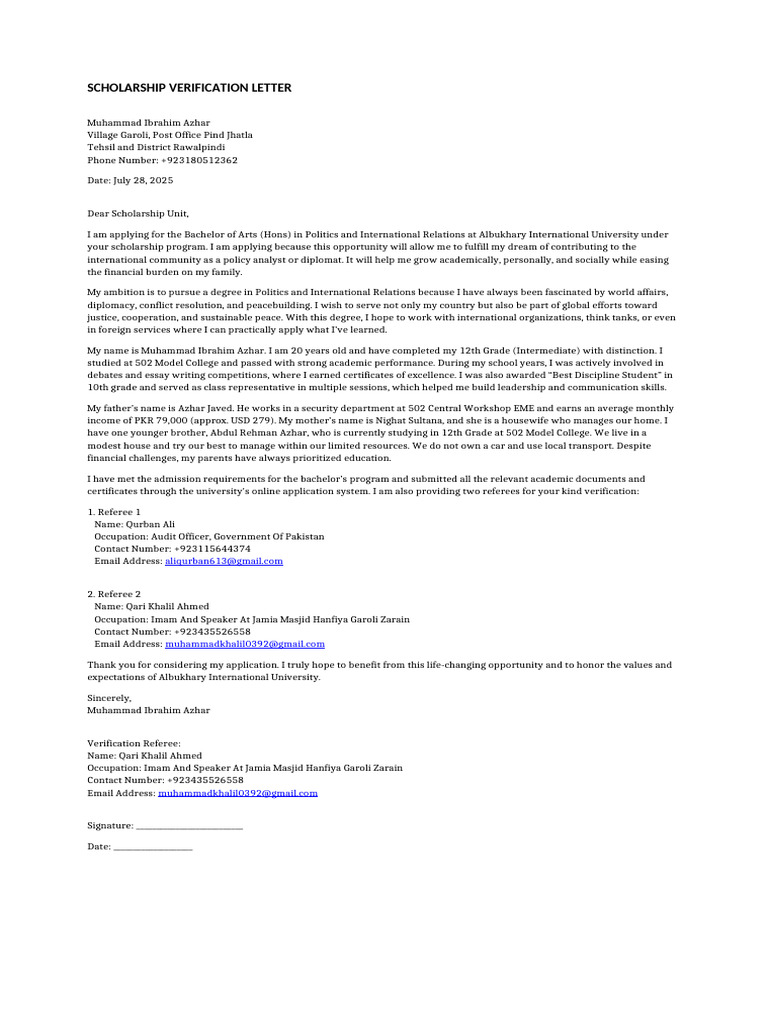 Scholarship Verification Letter for BA in Politics | PDF
