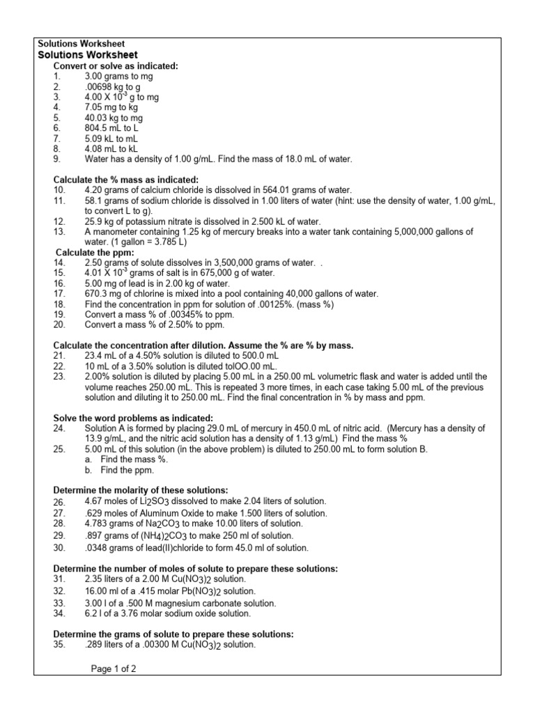 2025 03 07 Solutions Worksheet | PDF | Sodium Chloride | Parts Per Notation
