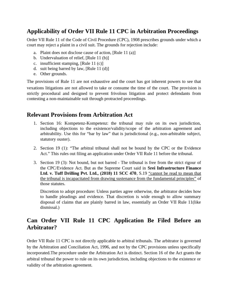 CPC Order VII Rule 11 in Arbitration | PDF | Arbitration | Arbitral ...