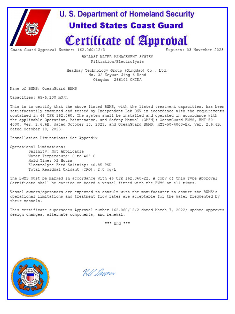 Coast Guard Approval for OceanGuard BWMS | PDF | United States Coast Guard