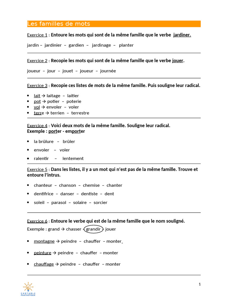 Familles de mots : Exercices pratiques | PDF