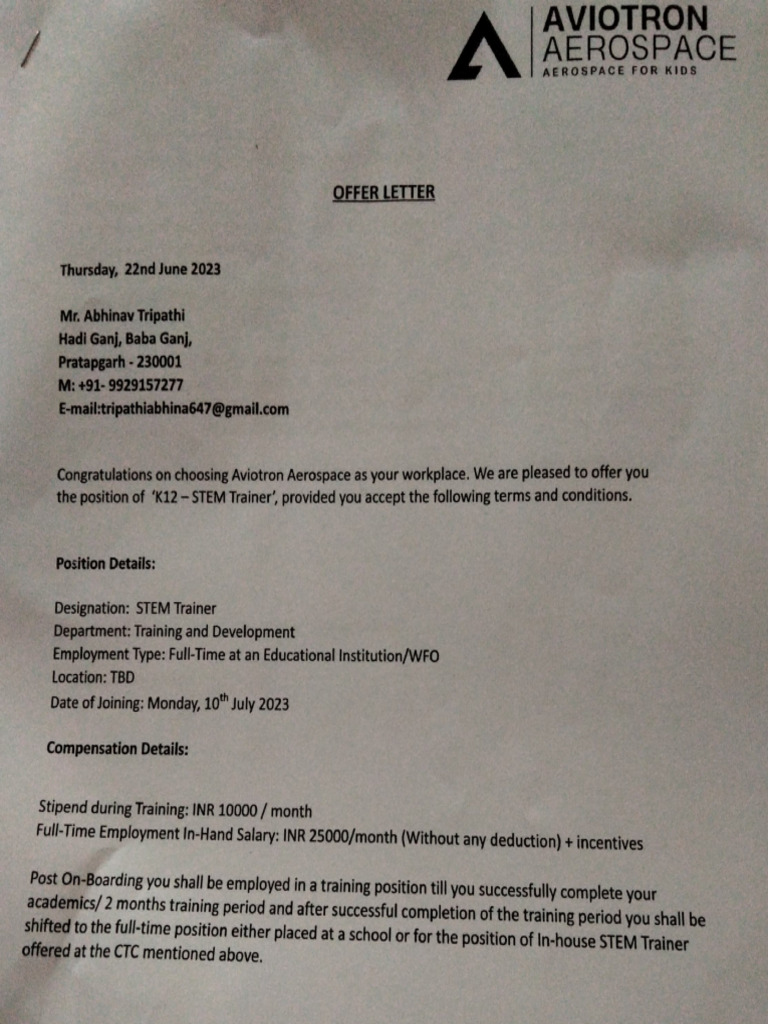 Aviotron Aerospace 2 Offer Letter | PDF | Labor | Business