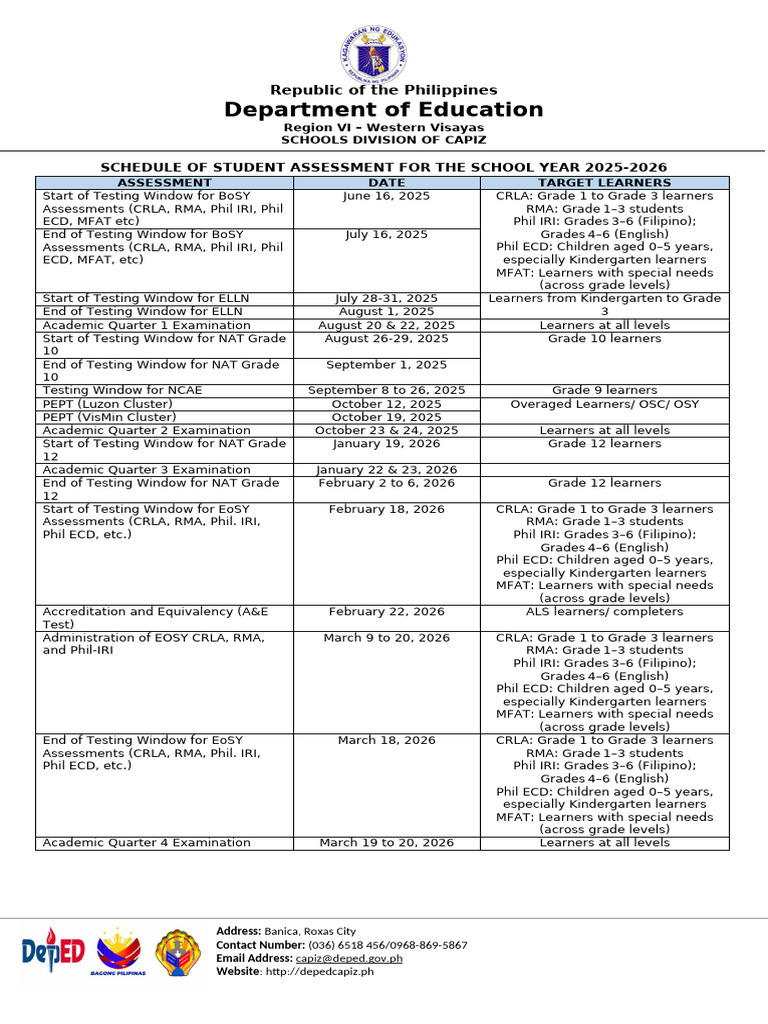 2025-2026 Student Assessment Schedule | PDF | Educational Years ...