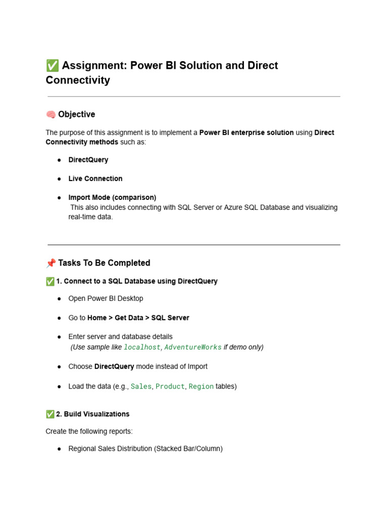 Assignment - Power BI Solution and Direct Connectivity | PDF