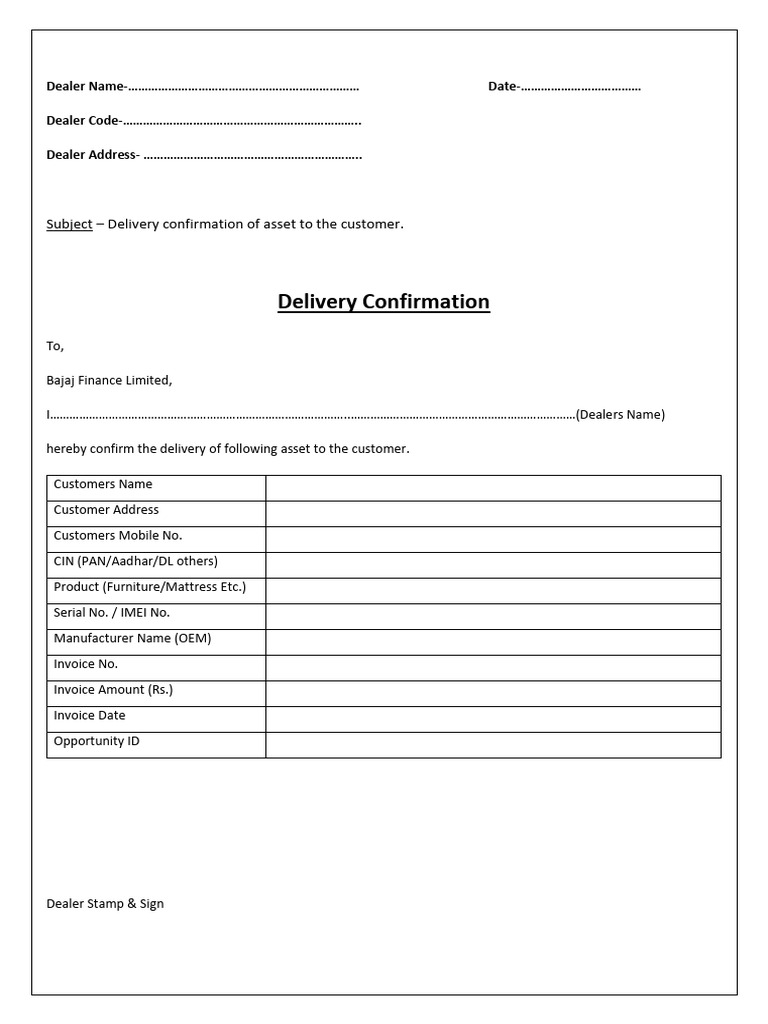 Dealer Delivery Confirmation Form | PDF