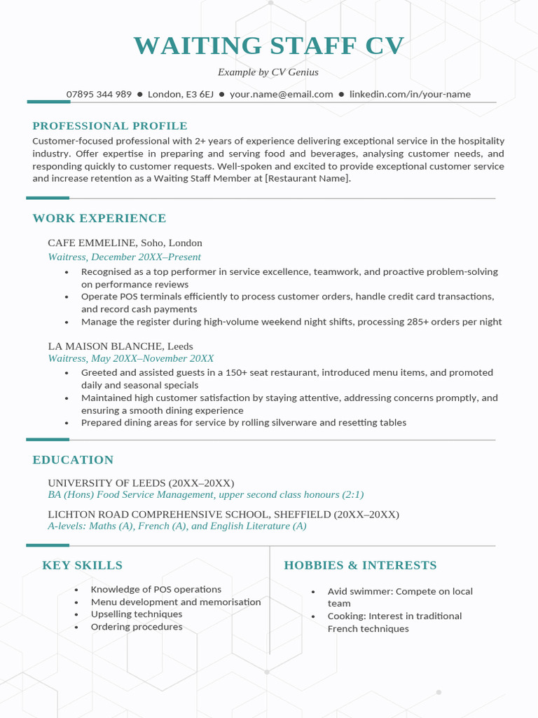 Waitress CV Example for Job Seekers | PDF